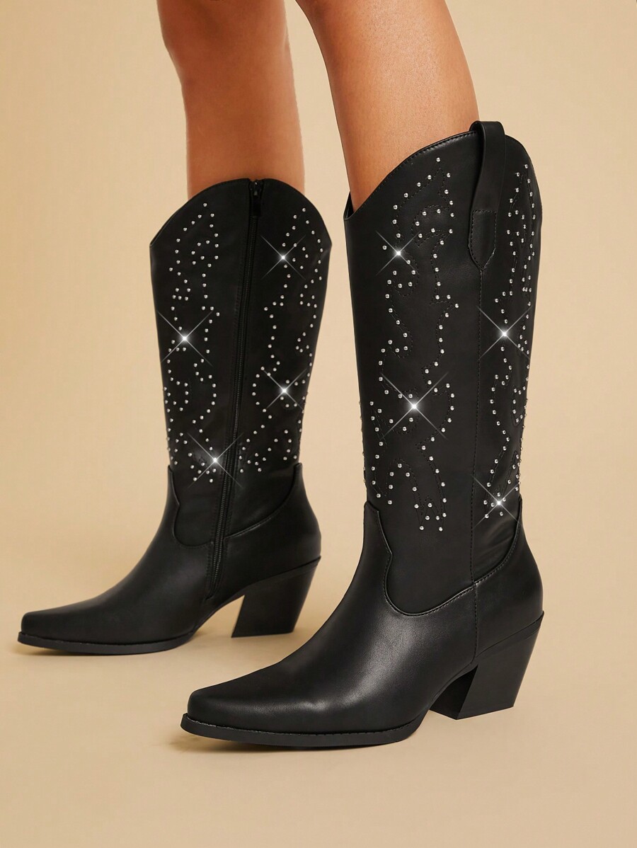 SHEIN SHUZIA Stivali Western neri con borchie da donna, stile alla moda ...
