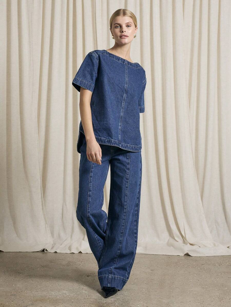 AiiRZ Denim T-Shirt And Wide Leg Jean Co Ord | SHEIN USA