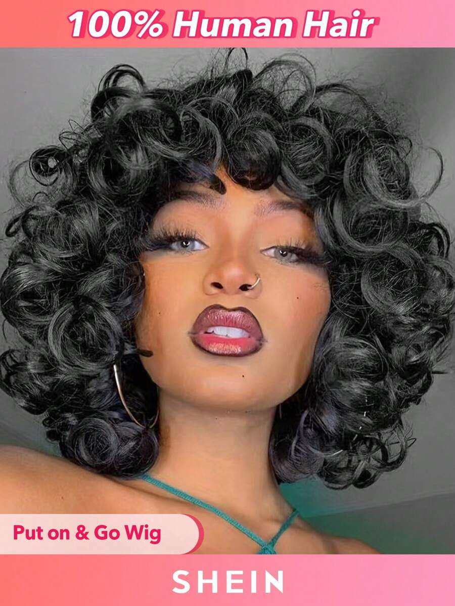 Bouncy Curls Wigs With Bangs Black 6inch 200% Density Human Hair Wig ...