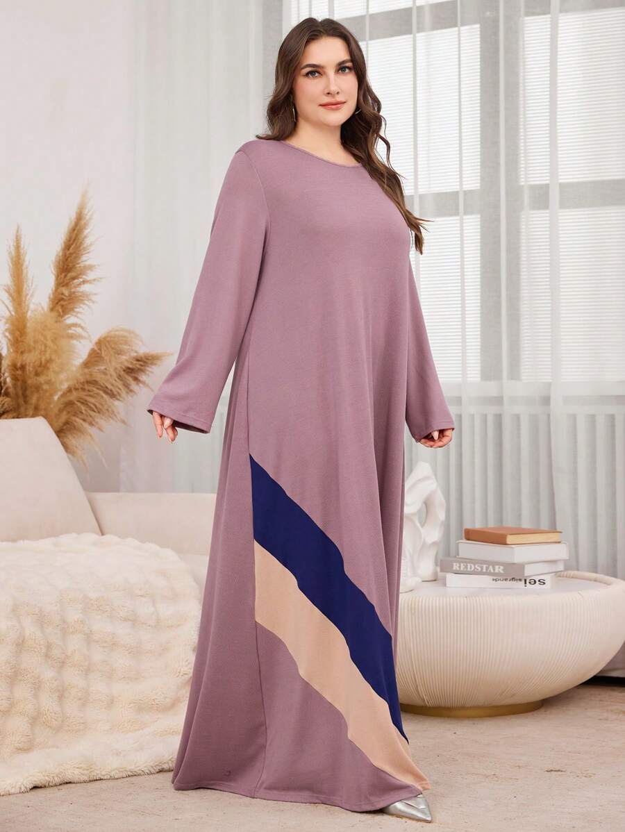 Shein Mulvari Plus Size Color Block Long Sleeve Arabic Style Dress Maxi