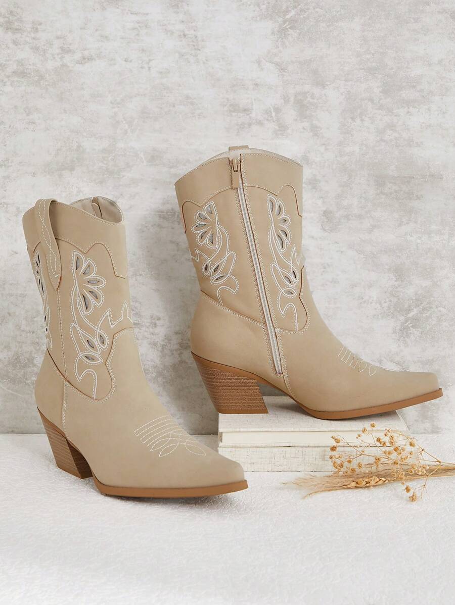 SHEIN SHUZIA Botas femininas Western bege com corte a laser – Design de ...