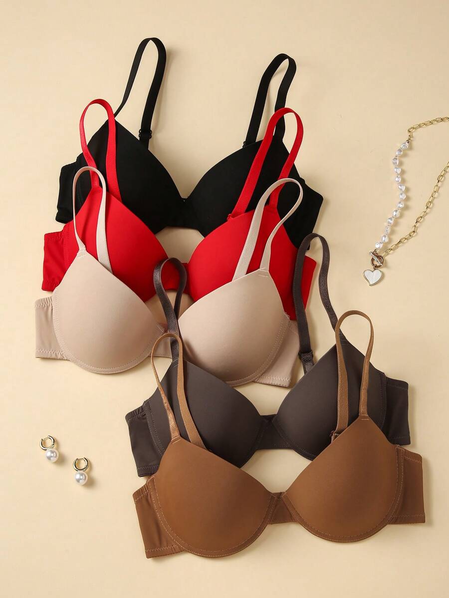 Shein Underwear&Sleepwear Basics 5pcs Women's Solid Color Adjustable Strap Simple Casual Wire ...