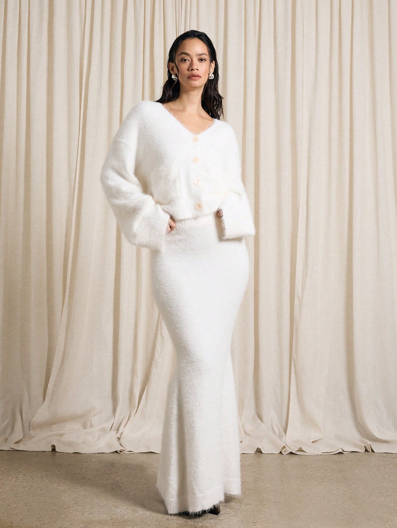Fluffy Cardigan And Maxi Skirt Set｜AIIRZ