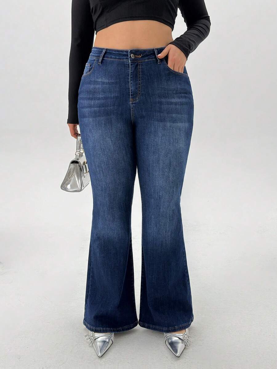 SHEIN CALÇA Denim FLARE AZUL ESCURA DE CINTURA ALTA PLUS SIZE | SHEIN ...