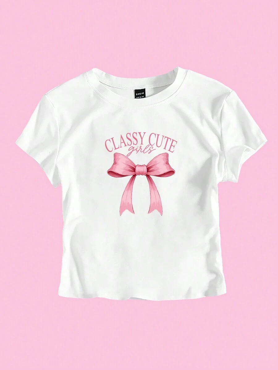 SHEIN Unity Women's Y2K Pink Cute Slogan Bow Cropped T-Shirt, White ...