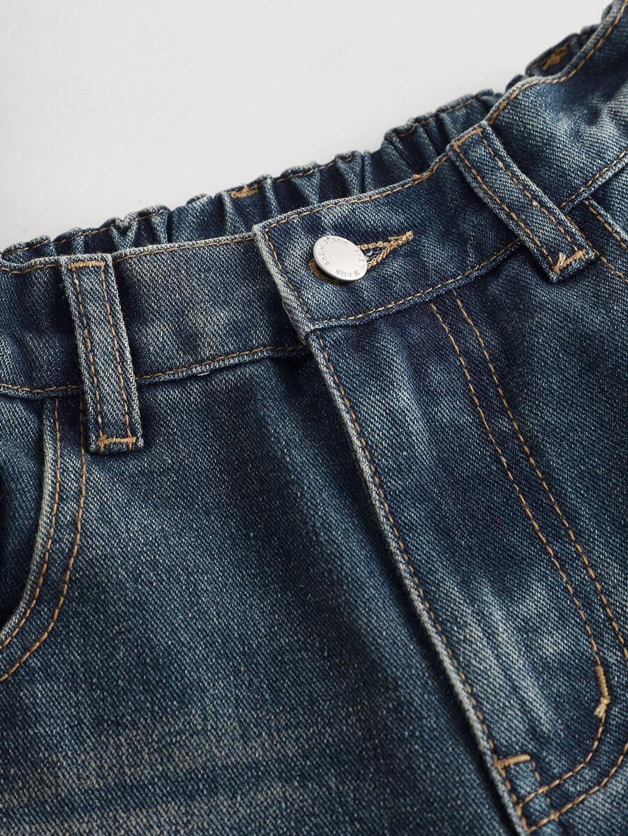 SHEIN Tween Girls Front Button Pocket Simple Wide-Legged Jeans With ...