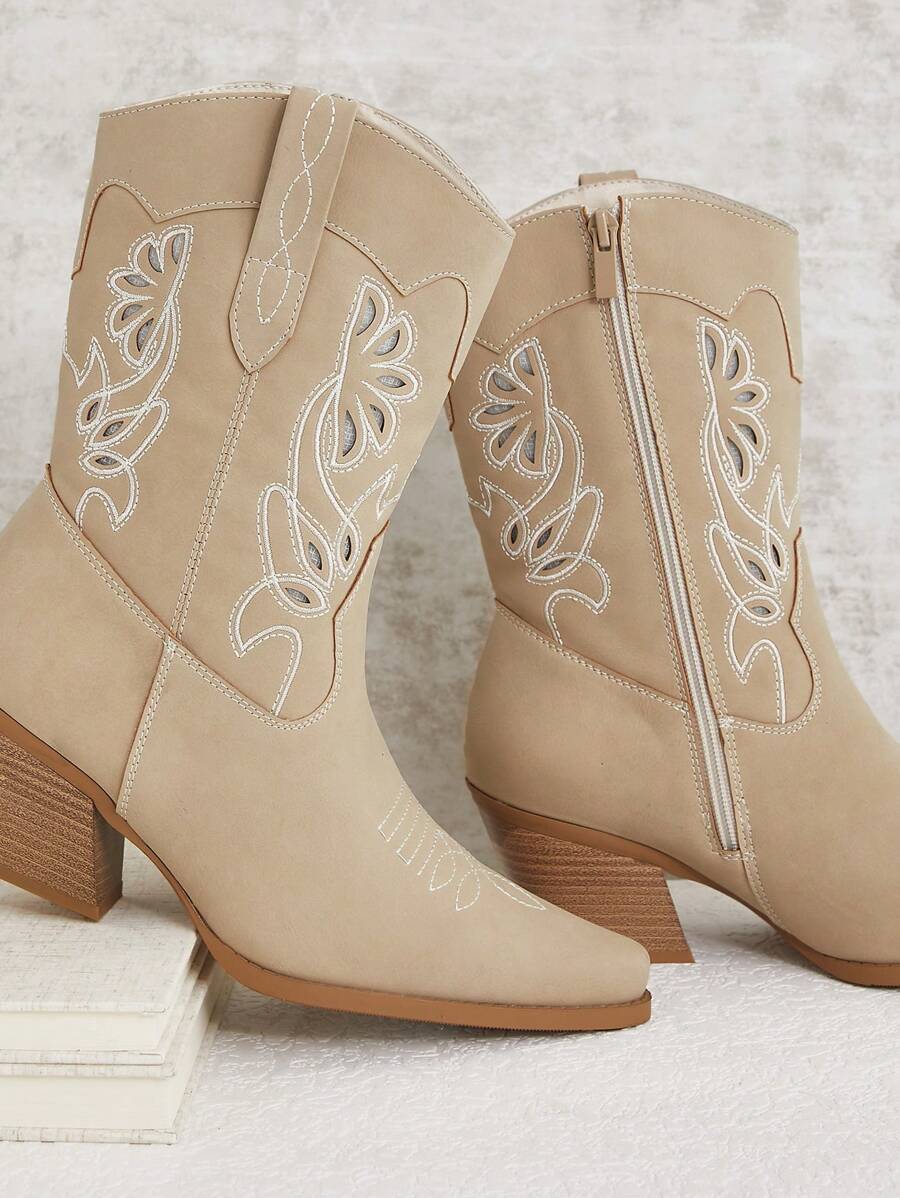 SHEIN SHUZIA Botas femininas Western bege com corte a laser – Design de ...