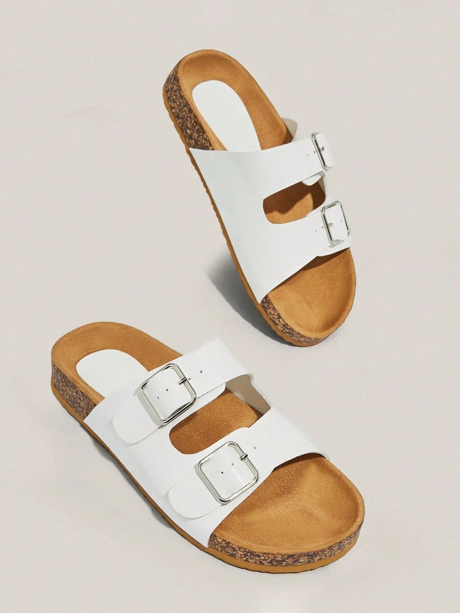 Solecia Woman Shoes Elegant White Sandals Double Buckle Decor Flat ...