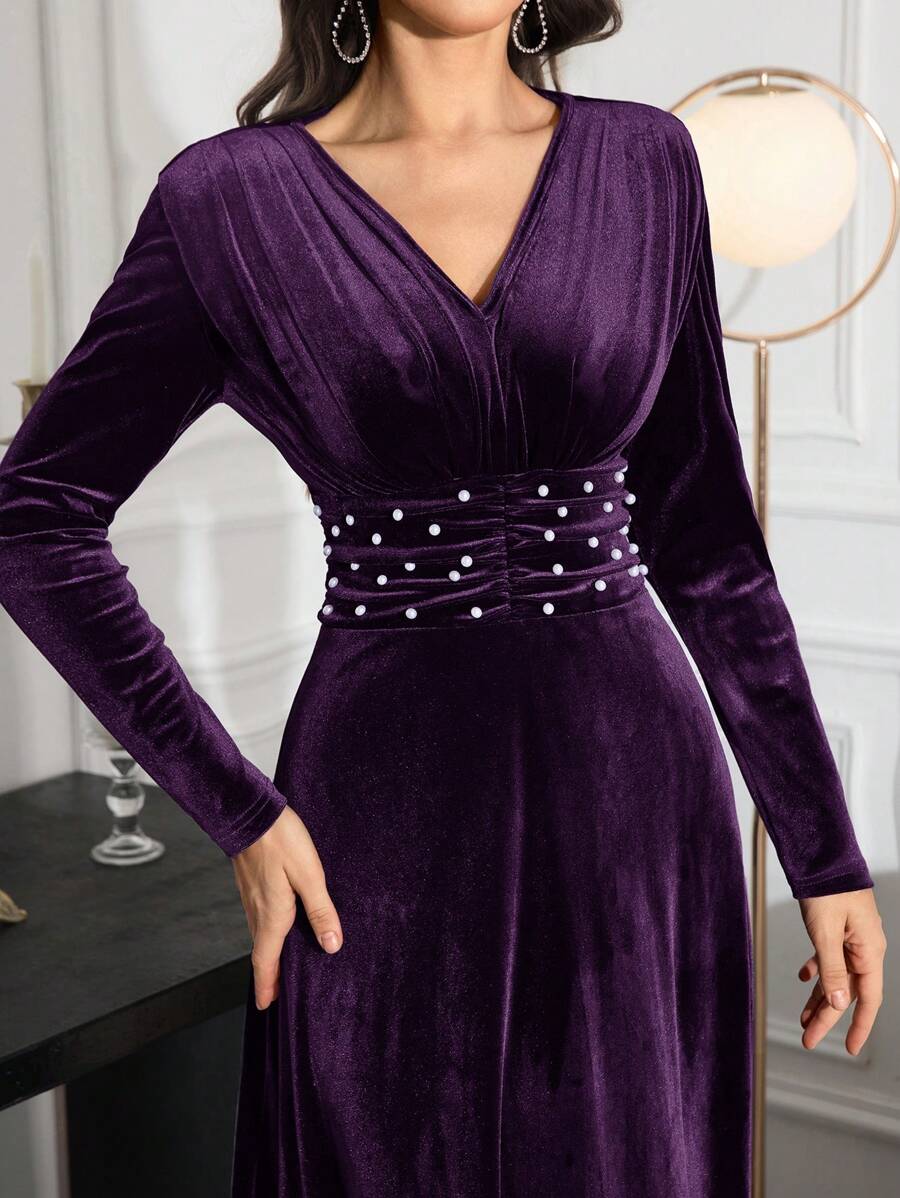 Modelyn Women's Elegant Pearl Decor Cinched Waist Long Dress, Autumn/Winter Long Evening Dresses ...