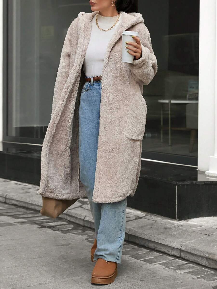 SHEIN Front Pocket Detailed Hooded Very Cozy And Soft Faux Fur Women ...