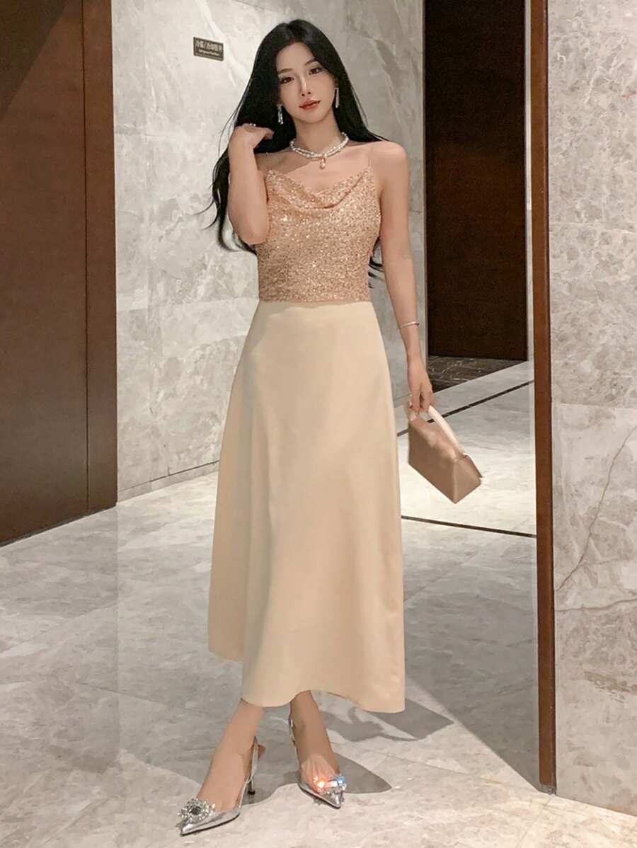 DAZY Women's Elegant Sequin Patchwork Strap Long Dress Prom Dress ...