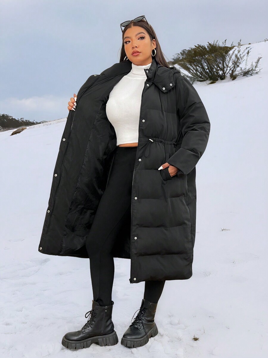 SHEIN EZwear Women's Winter Jacket With Cinched Waist, Thick And Loose Two-Way, Long Style ...