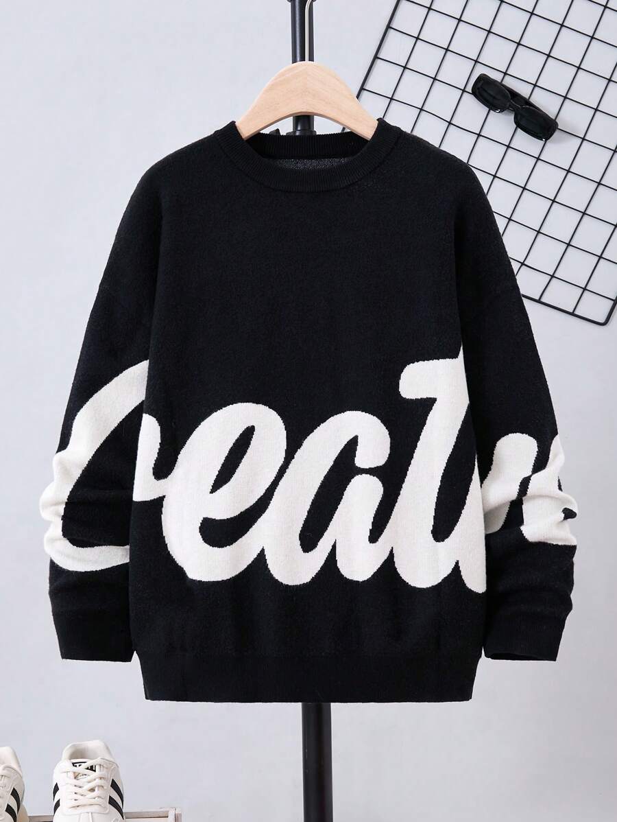 Teen Boy Minimalist Big Letter Jacquard Knitted Sweater, Streetwear ...