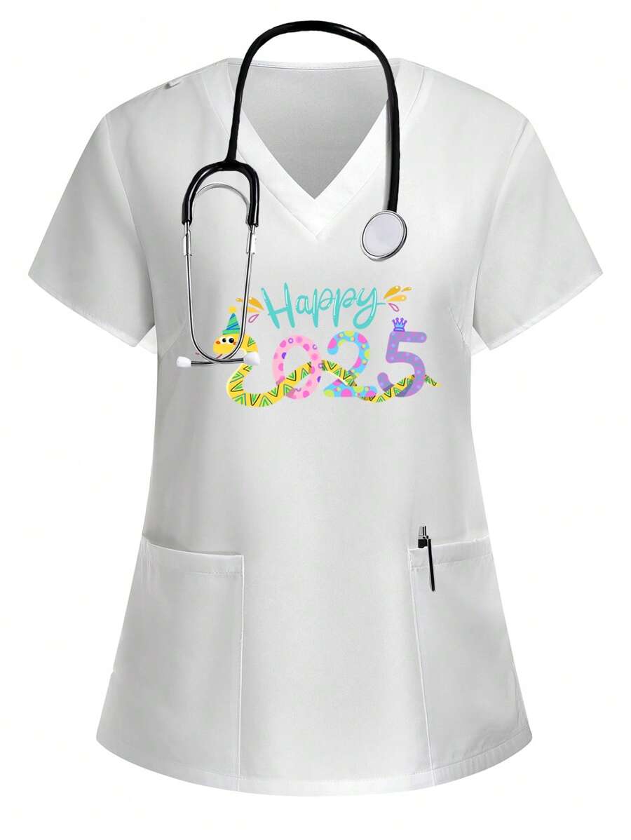 PopScrub 2025 Year Of Snake Slogan Print Scrub Top For Nursing Uniforms ...