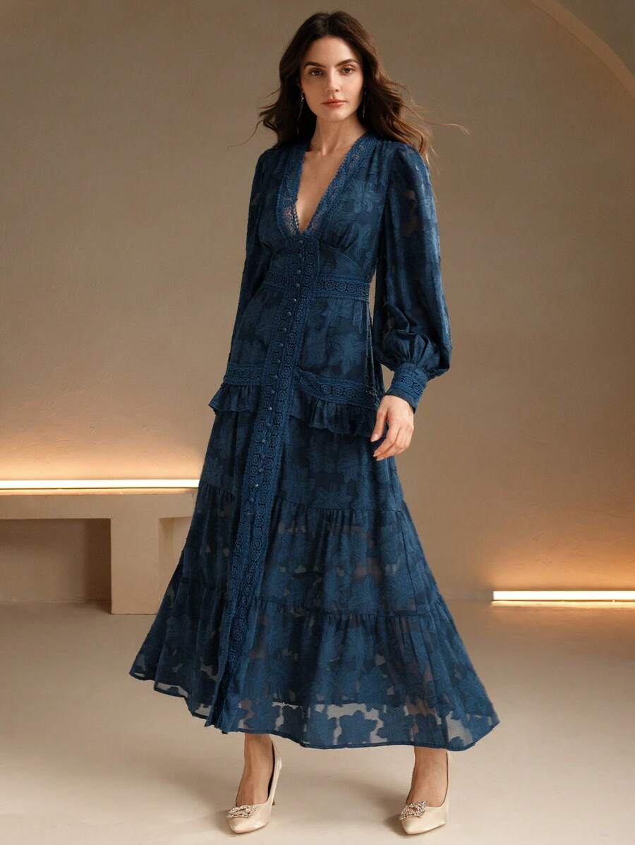 Anewsta French Style Ruched V-Neck Puff Sleeve Elegant Slim Fit Dress Maxi Women Outfit | SHEIN