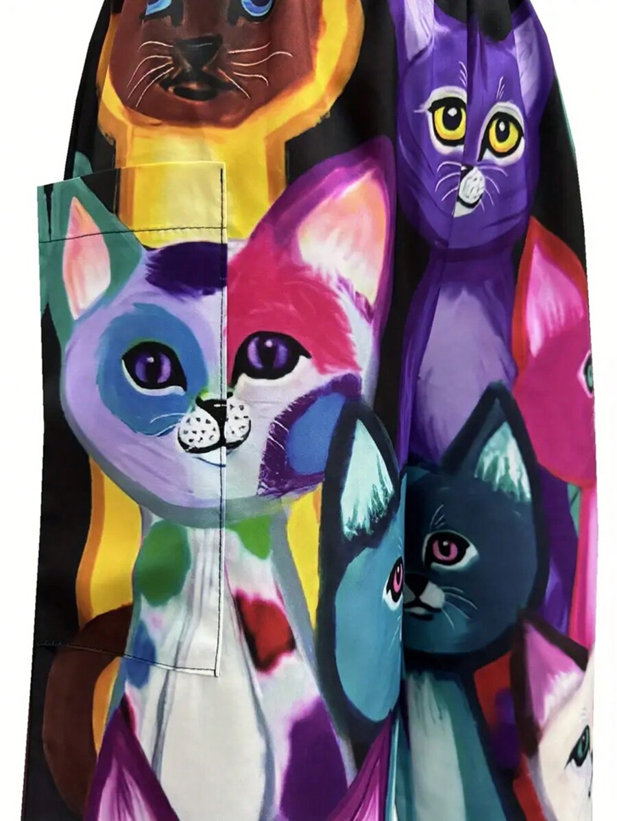 SHEIN LUNE Plus Size Women's Cartoon Cat Print Elastic Waist Loose Fit ...