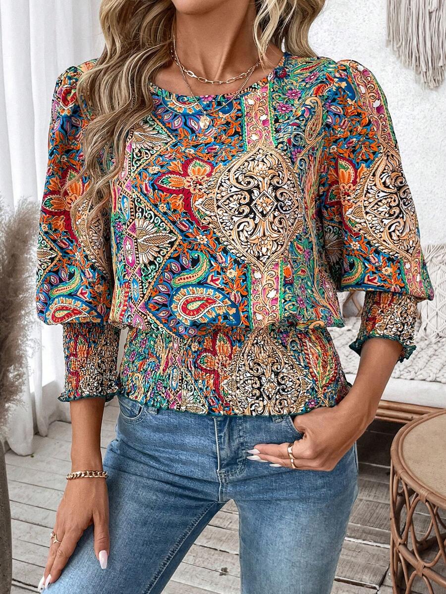 SHEIN LUNE Women's Round Neck Puff Sleeve Ruffled Leisure & Commuting ...