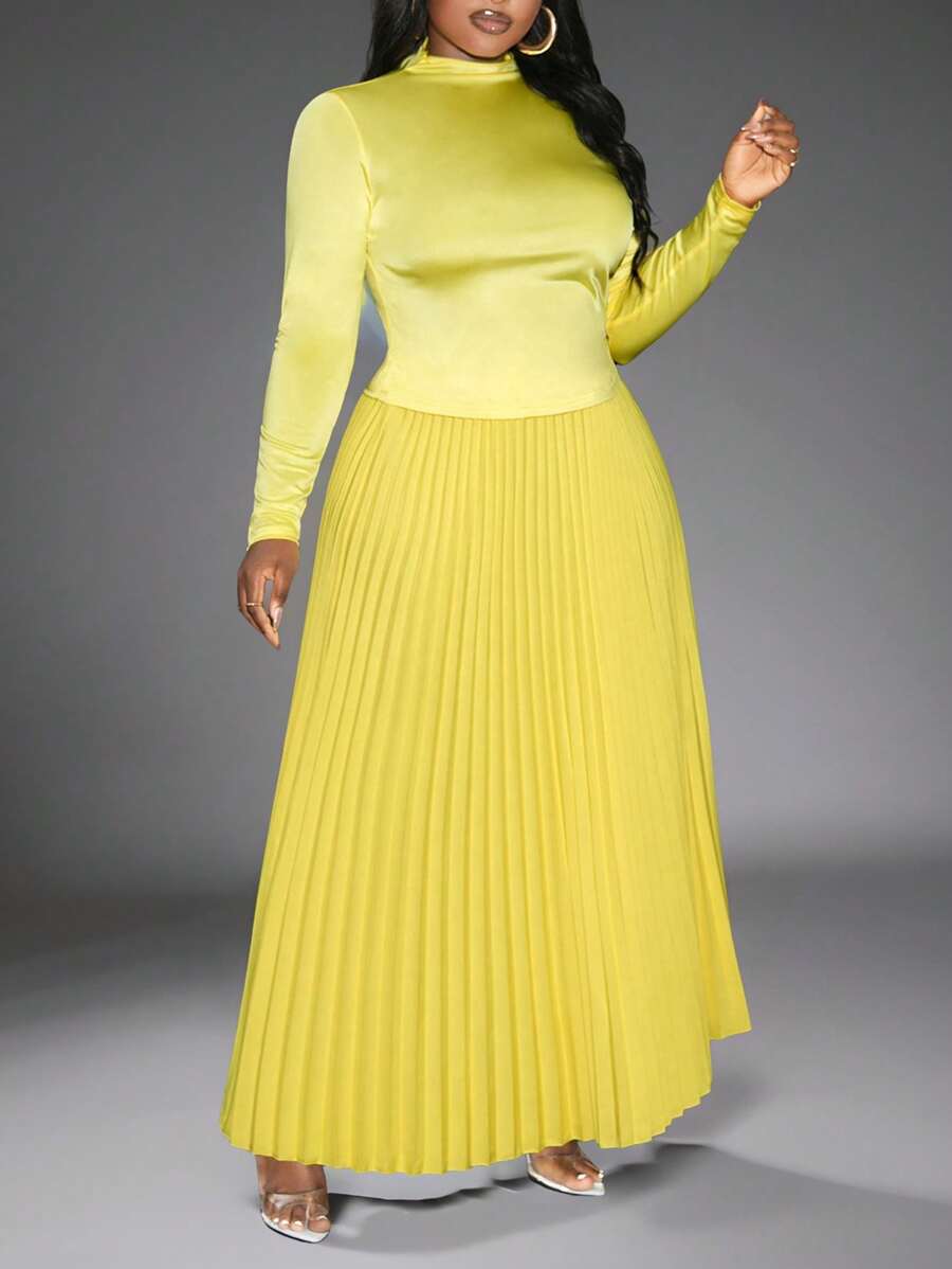 Slaydiva Plus Size Elegant Yellow Pleated Two-Piece Set, Fancy Party ...