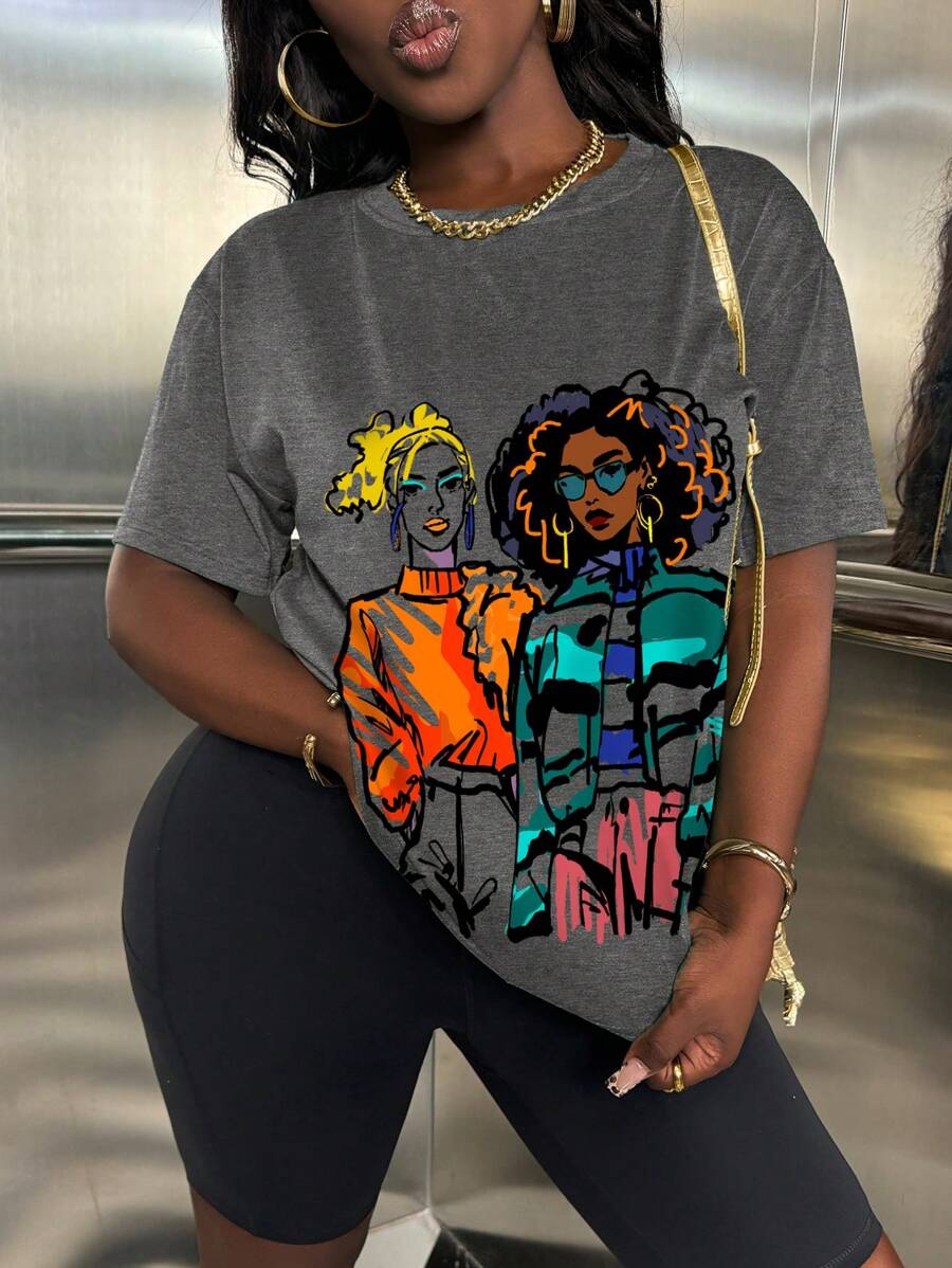 SHEIN Women's Summer Cartoon Character Printed Round Neck Casual Short ...