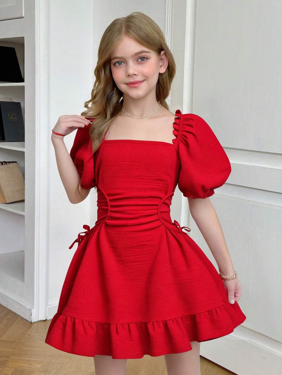 SHEIN Robe mi-longue élégante pour jeune fille avec col, manches ...