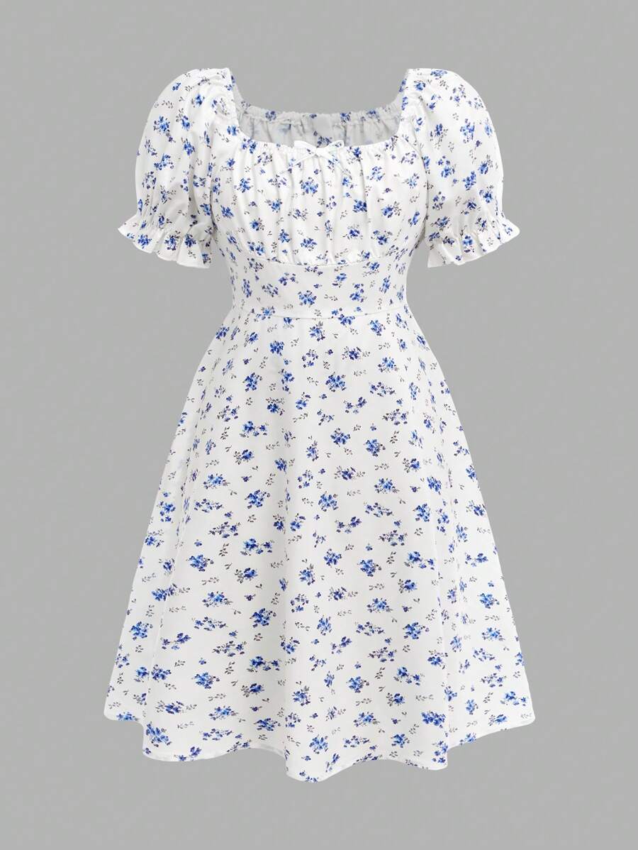 Tween Girls Blue Floral Puff Sleeve, Pastoral Style Fresh And Lovely ...