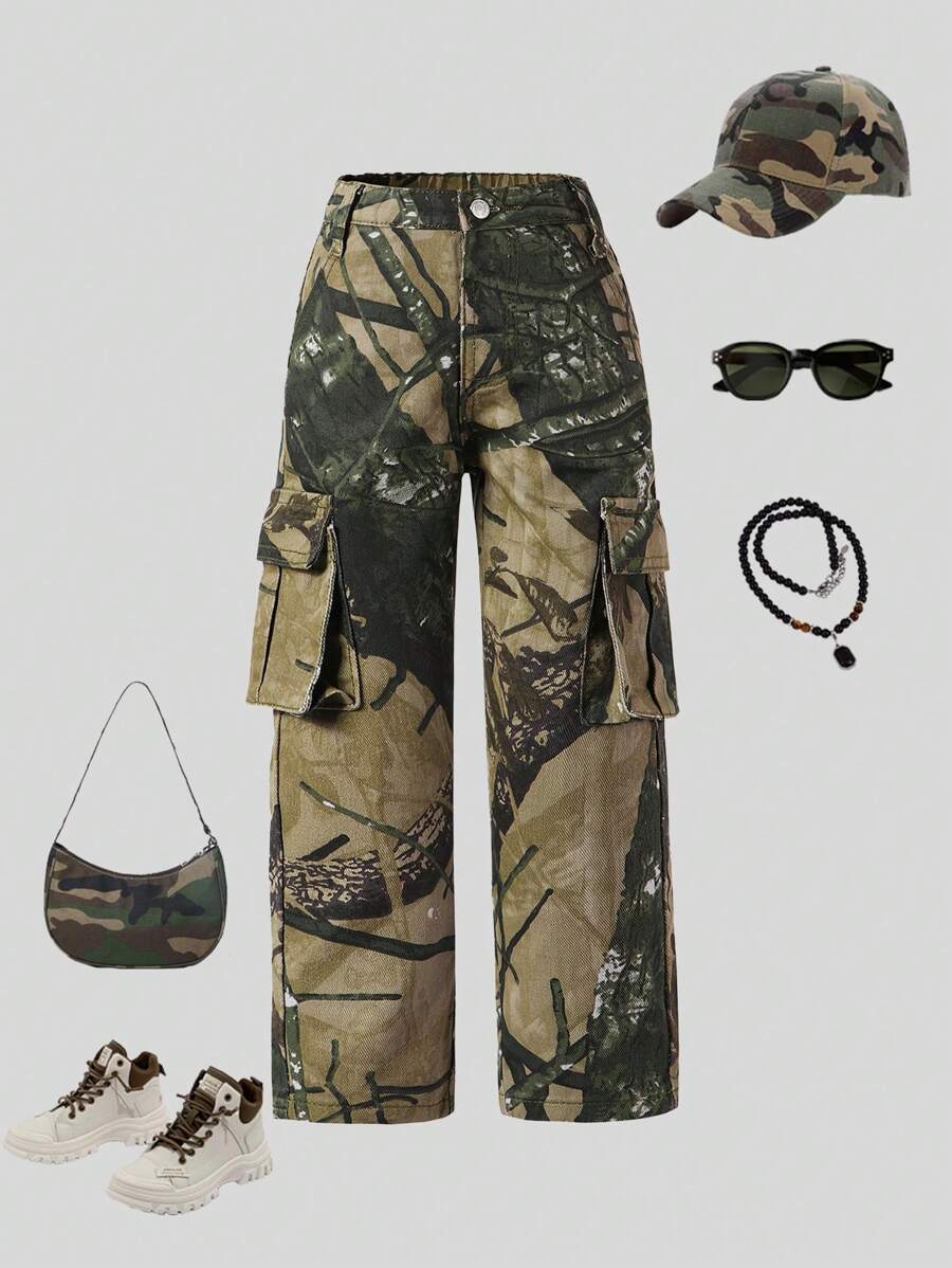 SHEIN ChillGRL Young Girl Y2K Cool Young Girl Pink Camouflage Cargo ...