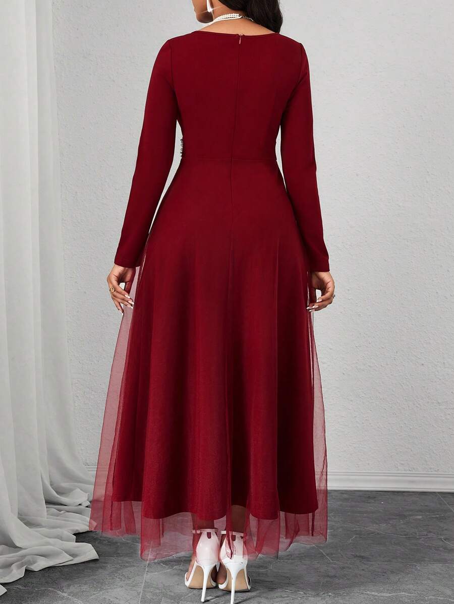 SHEIN Lady Vestido de organza con cuello en V y detalles de cuentas en color burdeos, vestido de ...