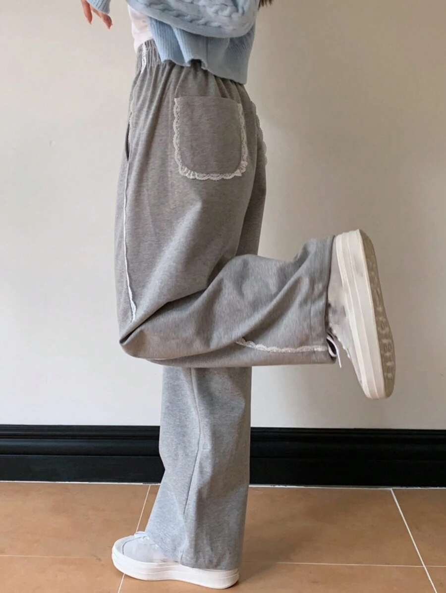 DAZY Women's Elastic Waist Contrast Lace Loose Fit Long Sweatpants ...