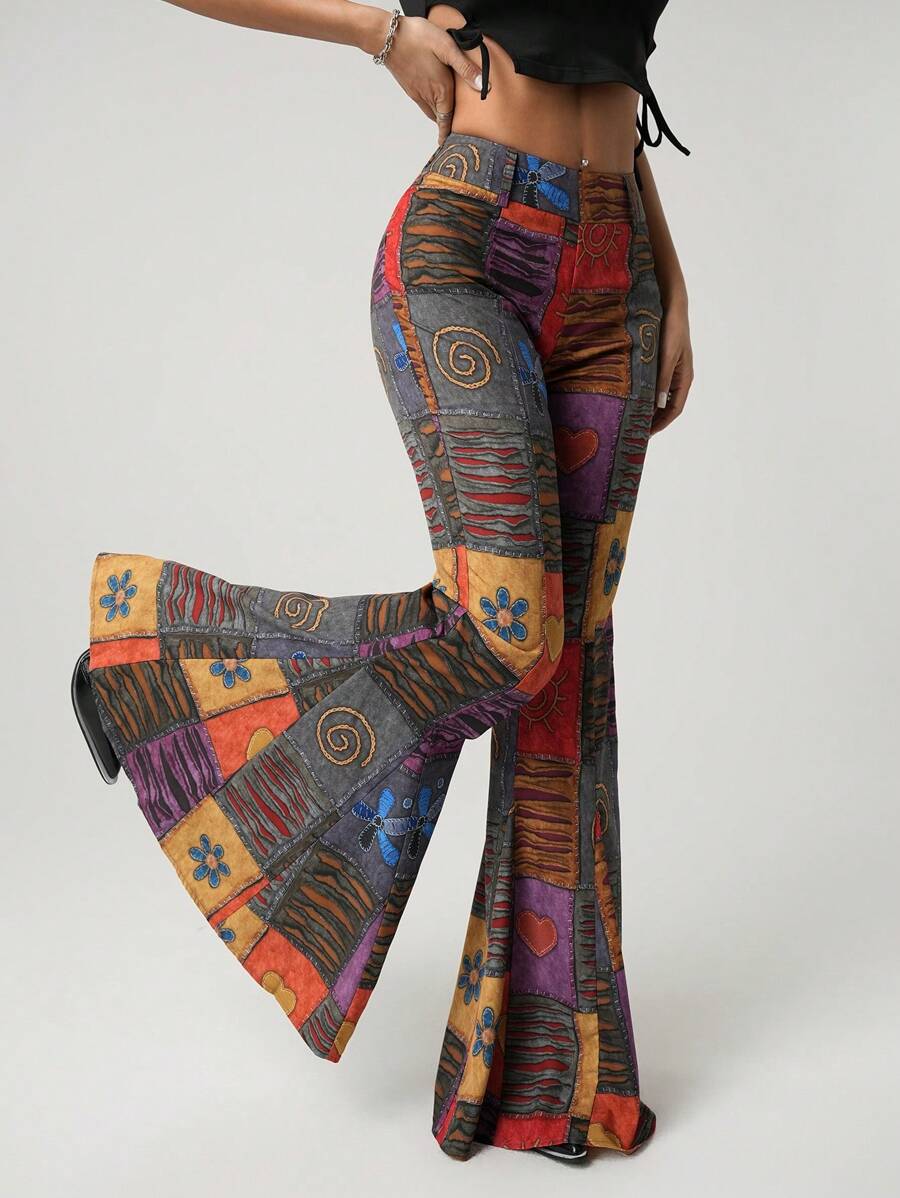 SHEIN ICON Retro Graffiti Print Flared Pants | SHEIN UK