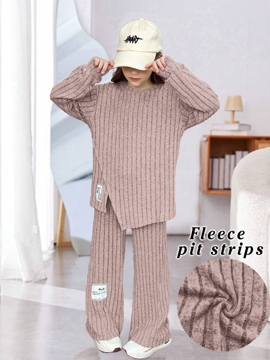 SHEIN Tween Girls Ribbed Knit Solid Color Oversized Crew Neck Top And ...