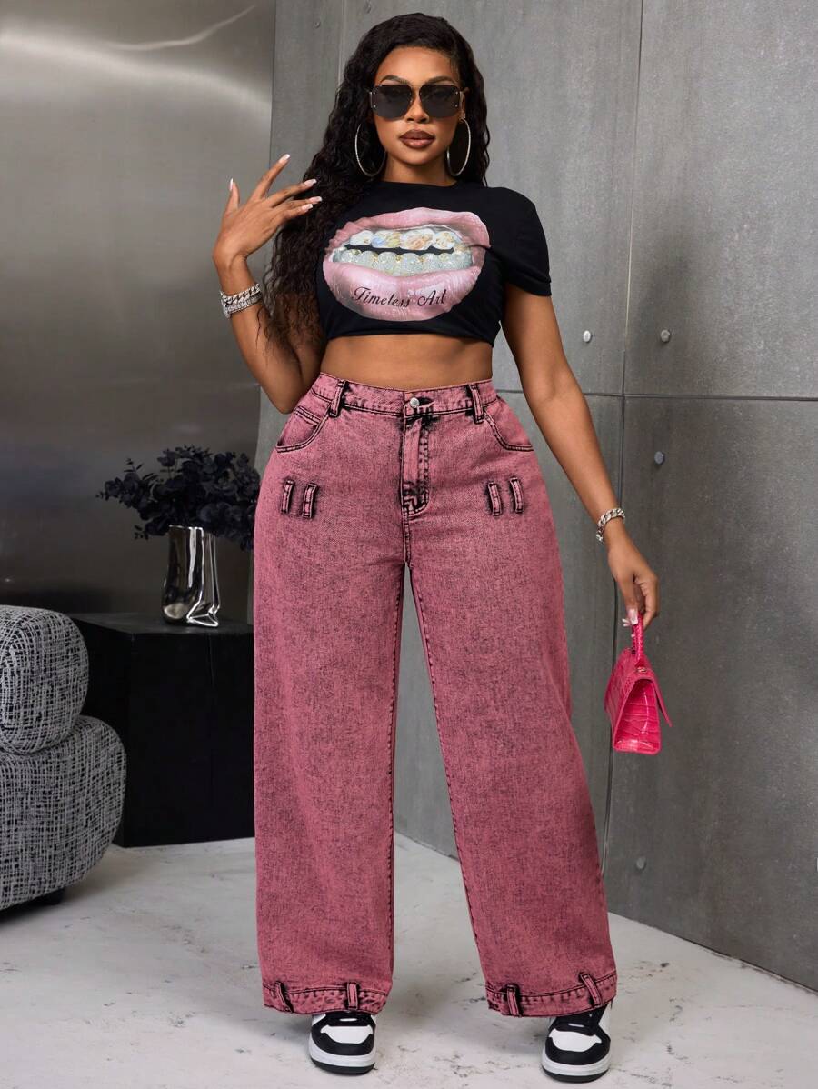 SHEIN SXY Plus Size Women Straight Leg Non-Stretch Jeans With Special ...