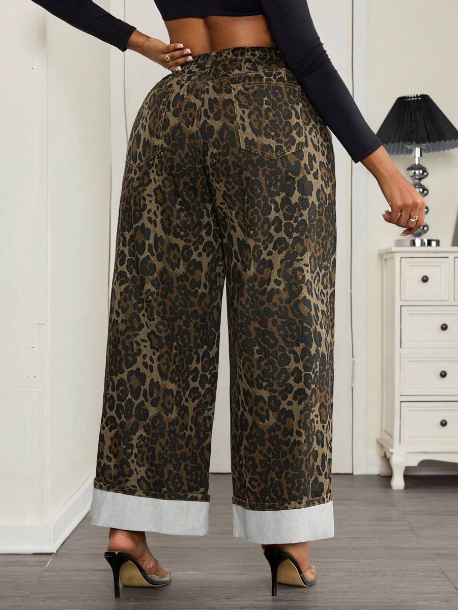 SHEIN SXY Plus Size Leopard Print Roll-Up Hem Wide Leg Jeans | SHEIN USA
