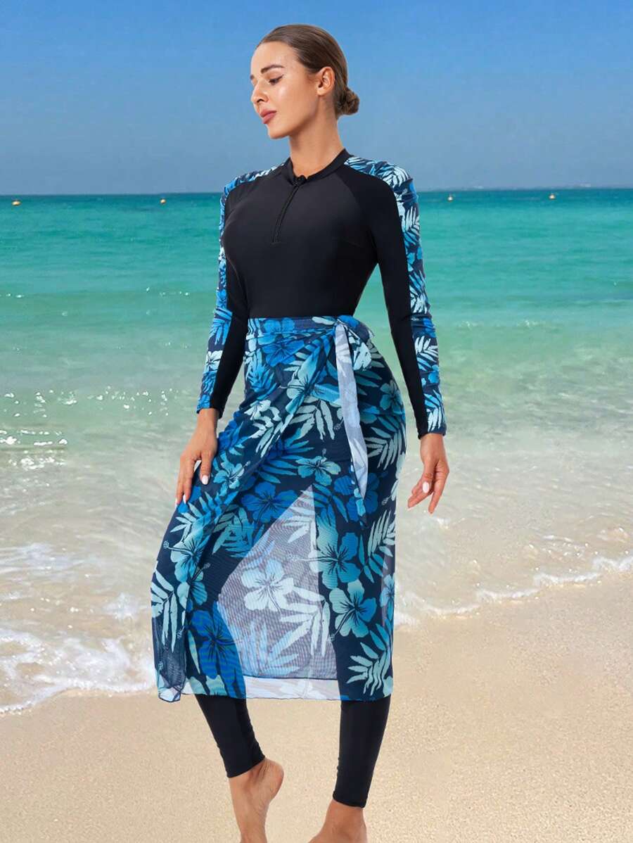 3pcs Set Women Tropical Plant Print Long Sleeve Full Coverage Burkini ...