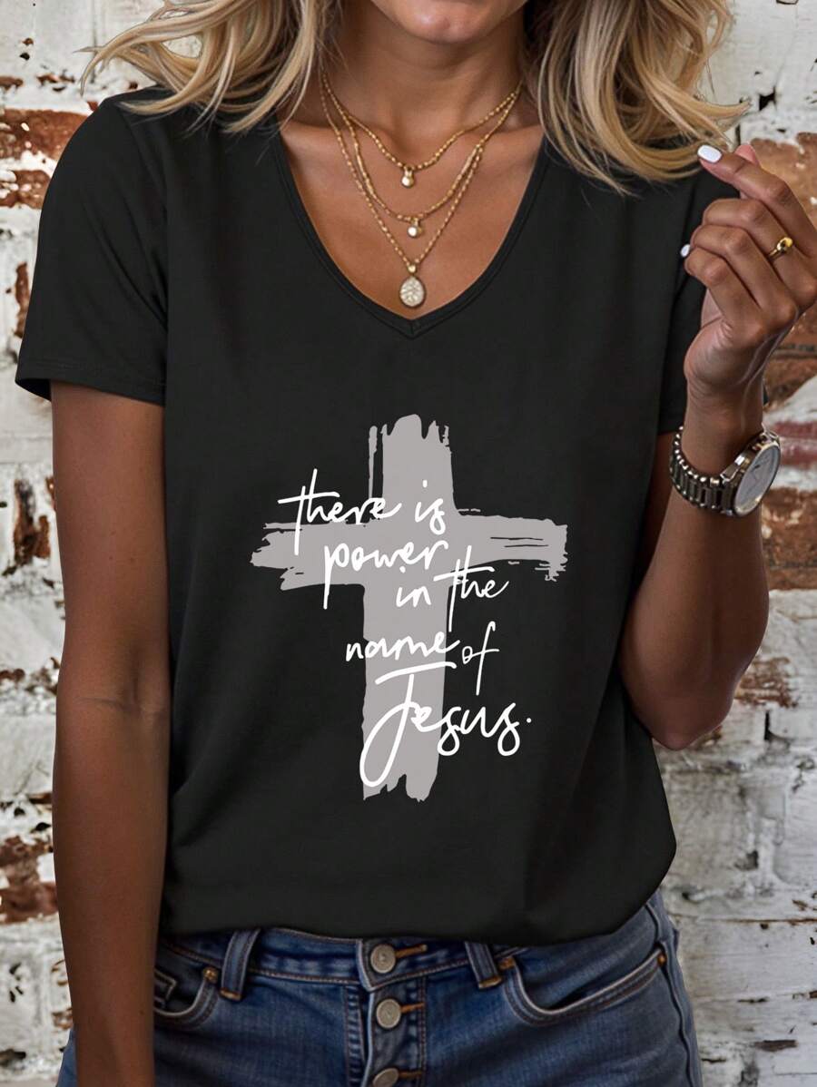 INAWLY Women English Letter & Cross Graffiti Print V-Neck Short Sleeve ...