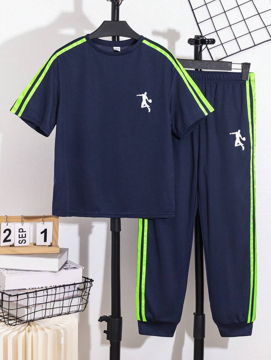 SHEIN 2pcs/Set Tween Boy Sport Stripe Design Short Sleeve T-Shirt And ...