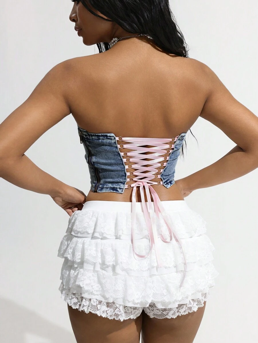 SHEIN ICON Women Cropped Denim Top With Tie-Up Ribbon Bow Details ...