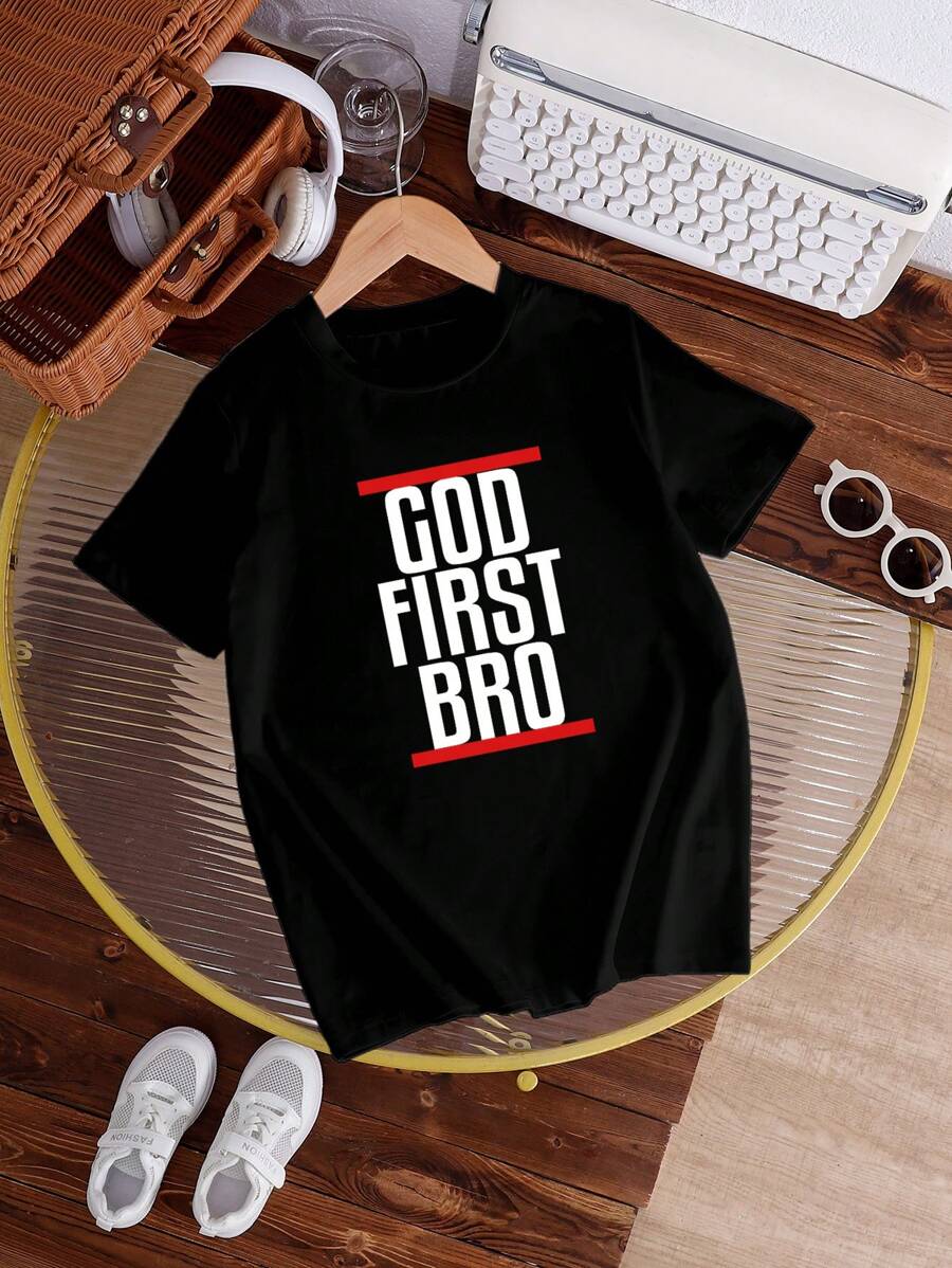 Tween Boy "God First Bro" Casual Stylish Round Neck Short Sleeve Black ...