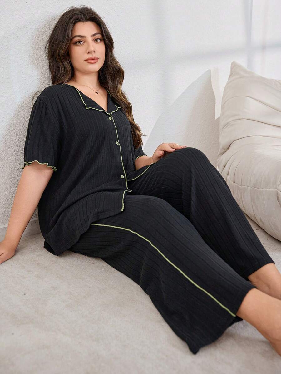 Lazeform Contrast Trim Lapel Casual Brushed Short Sleeve & Long Pants ...