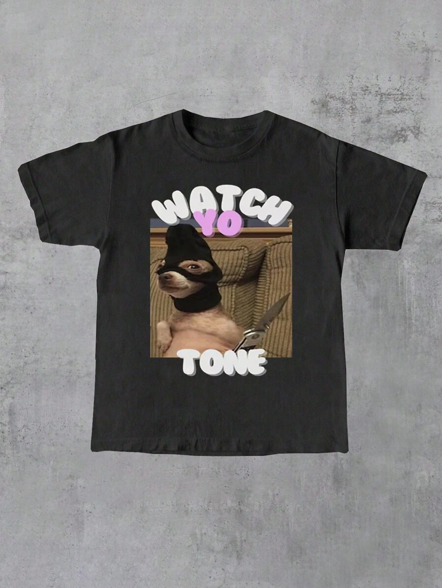 SHEIN LUNE Funny English "Watch Your Tone" Dog Face Graphic Crew Neck T ...