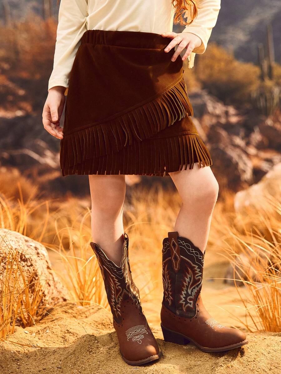 SHEIN Ranchside Kids Saia Retrô Elegante de Camurça com Decoração de ...