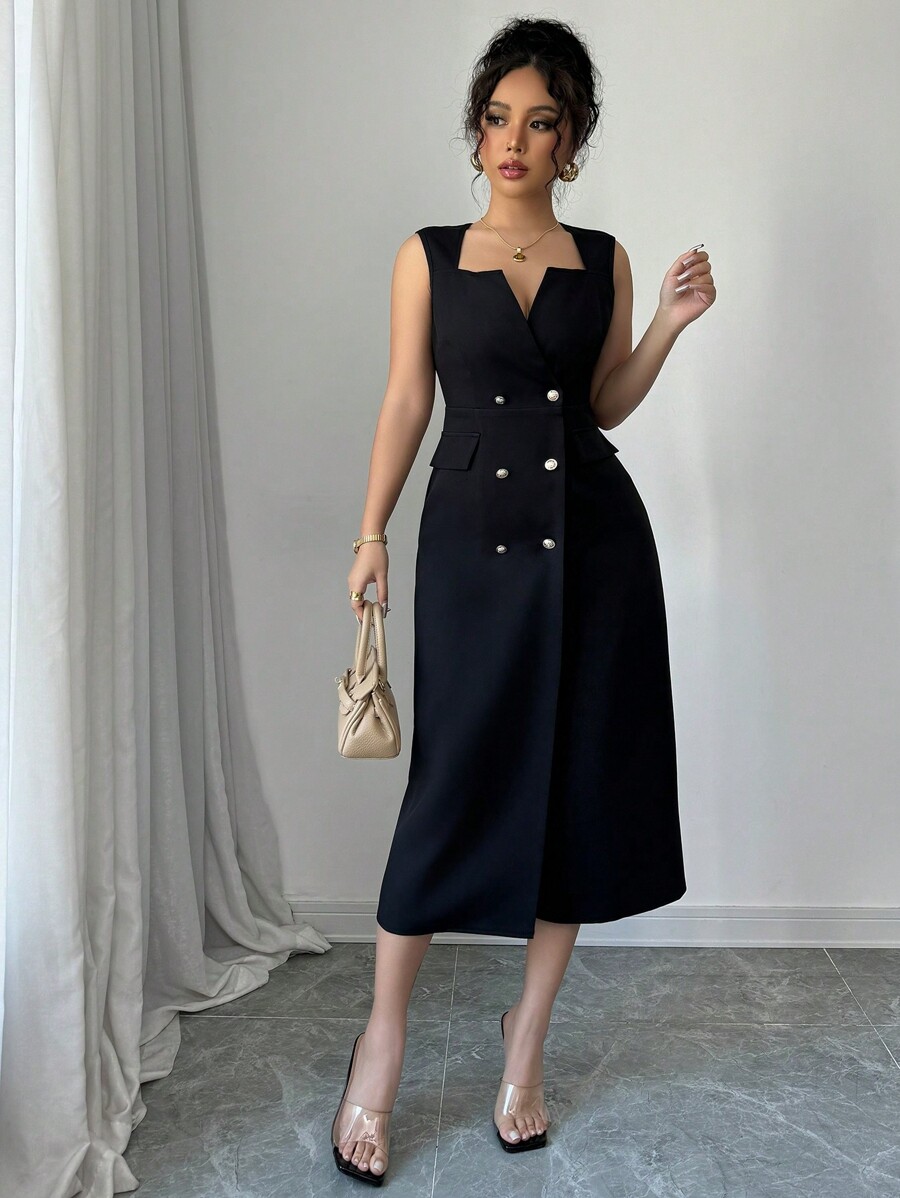 SHEIN Elenzya Women's Black Open Front Button Down Midi Dress Maxi ...