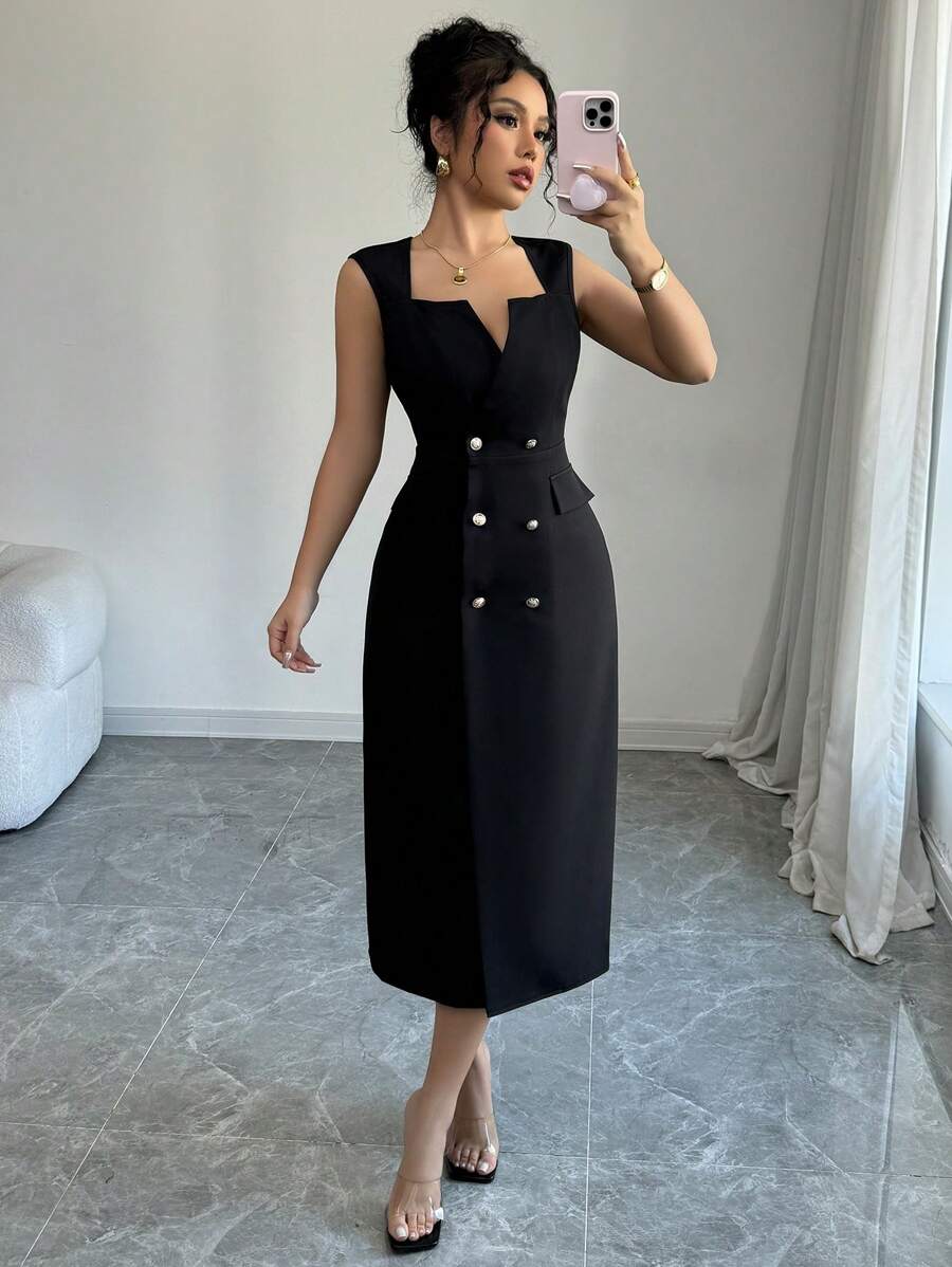 SHEIN Elenzya Women's Black Open Front Button Down Midi Dress Maxi ...