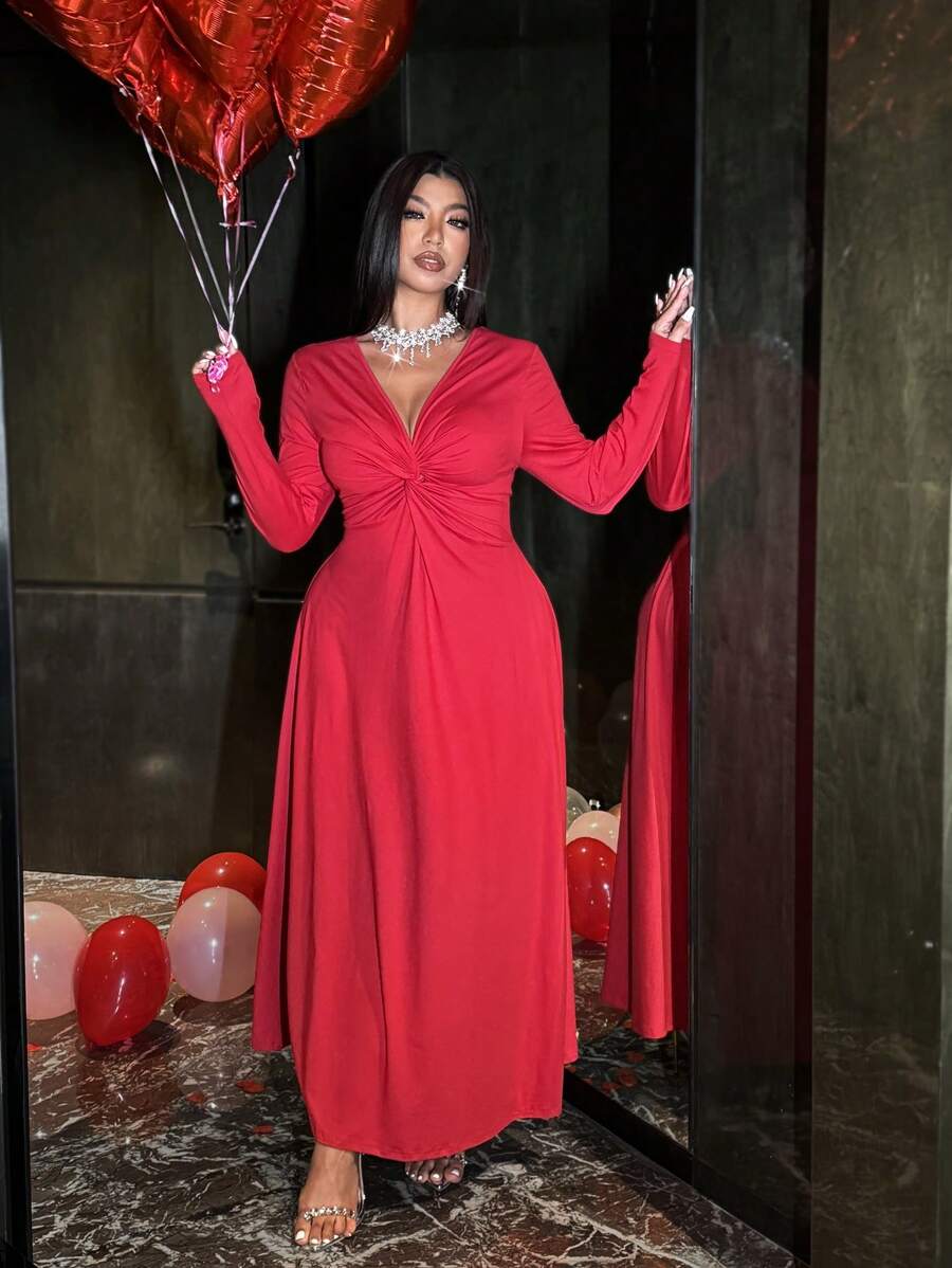 SHEIN Privé Plus Size Women Red Romantic Twist Long Sleeve Dress ...