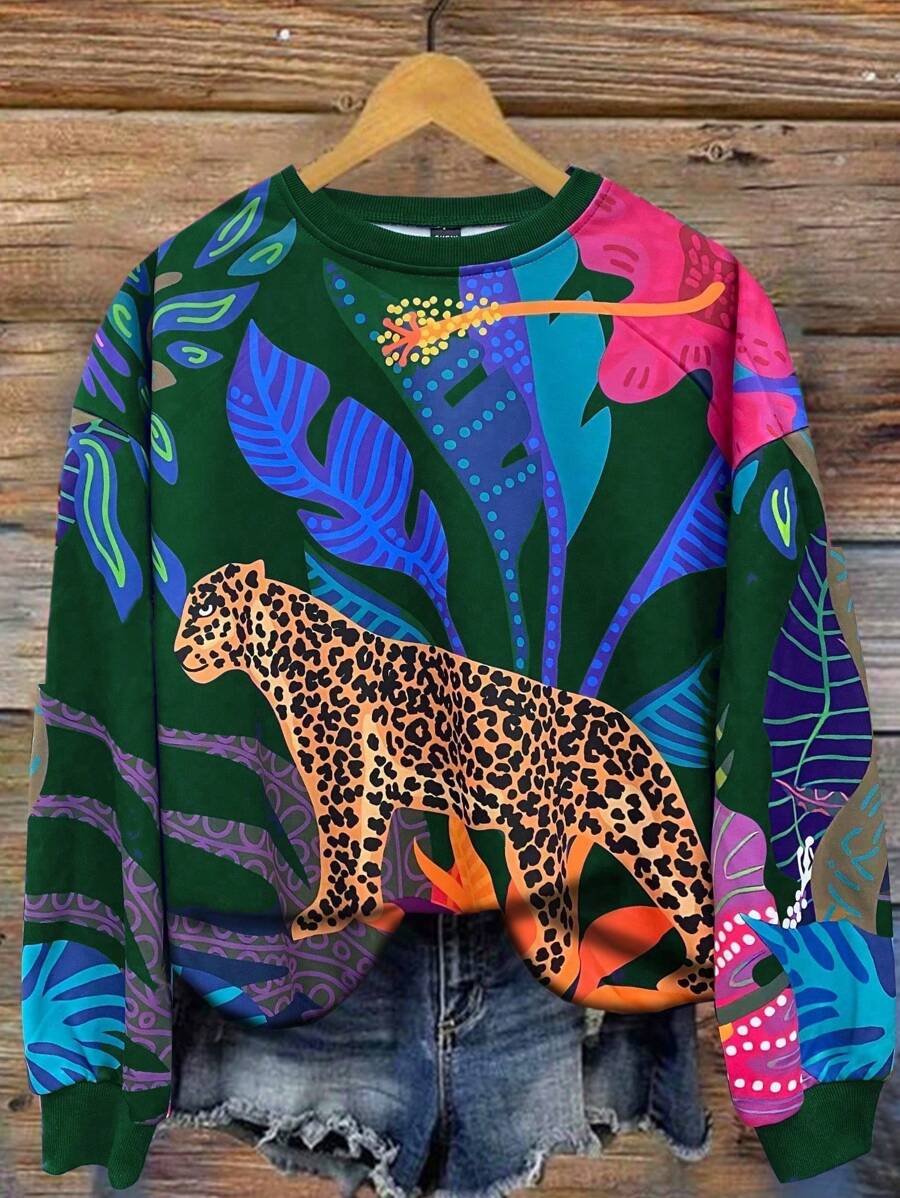 INAWLY Plus Size Tiger & Floral Colorblock Print Hoodie For Women ...