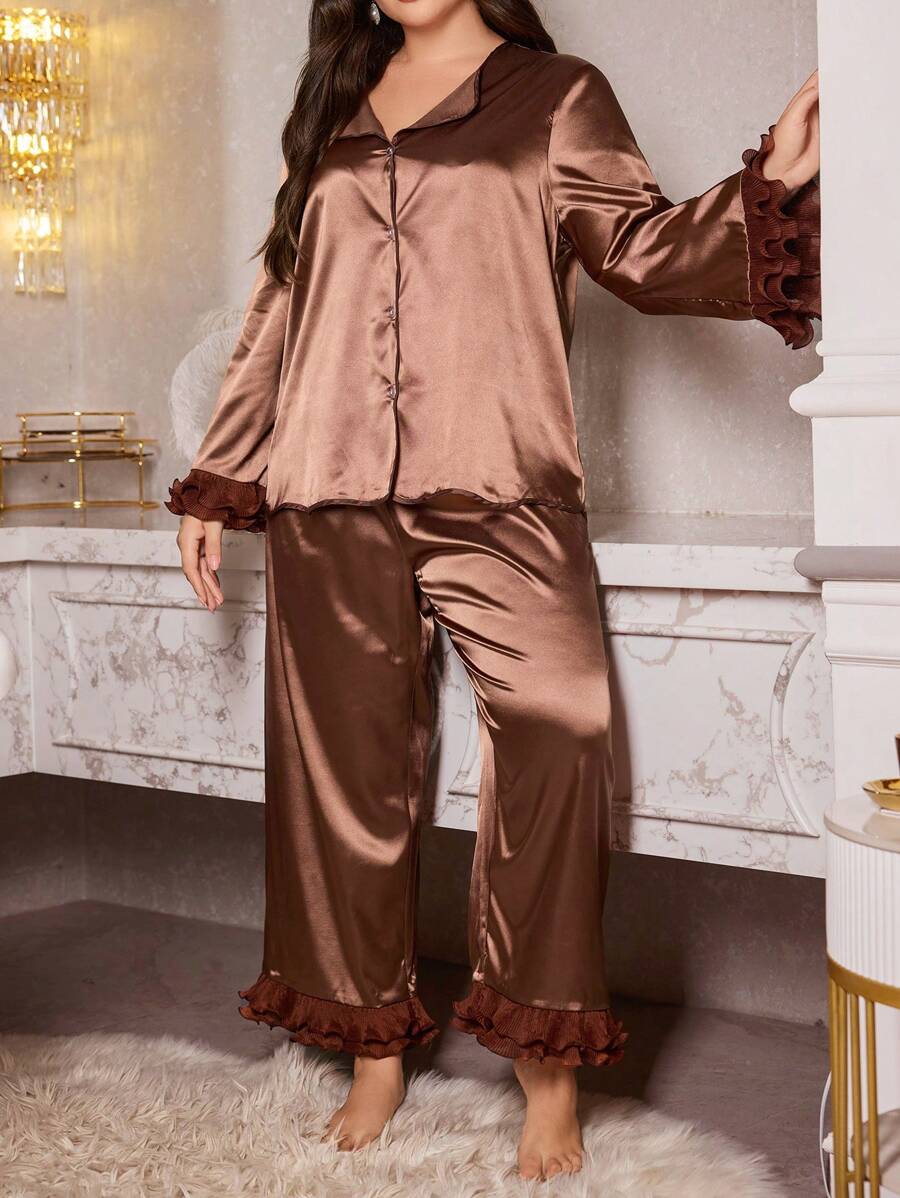 Shein LuxeNights Plus Size Satin Ruffled Collar Long Sleeve Pajama Set ...
