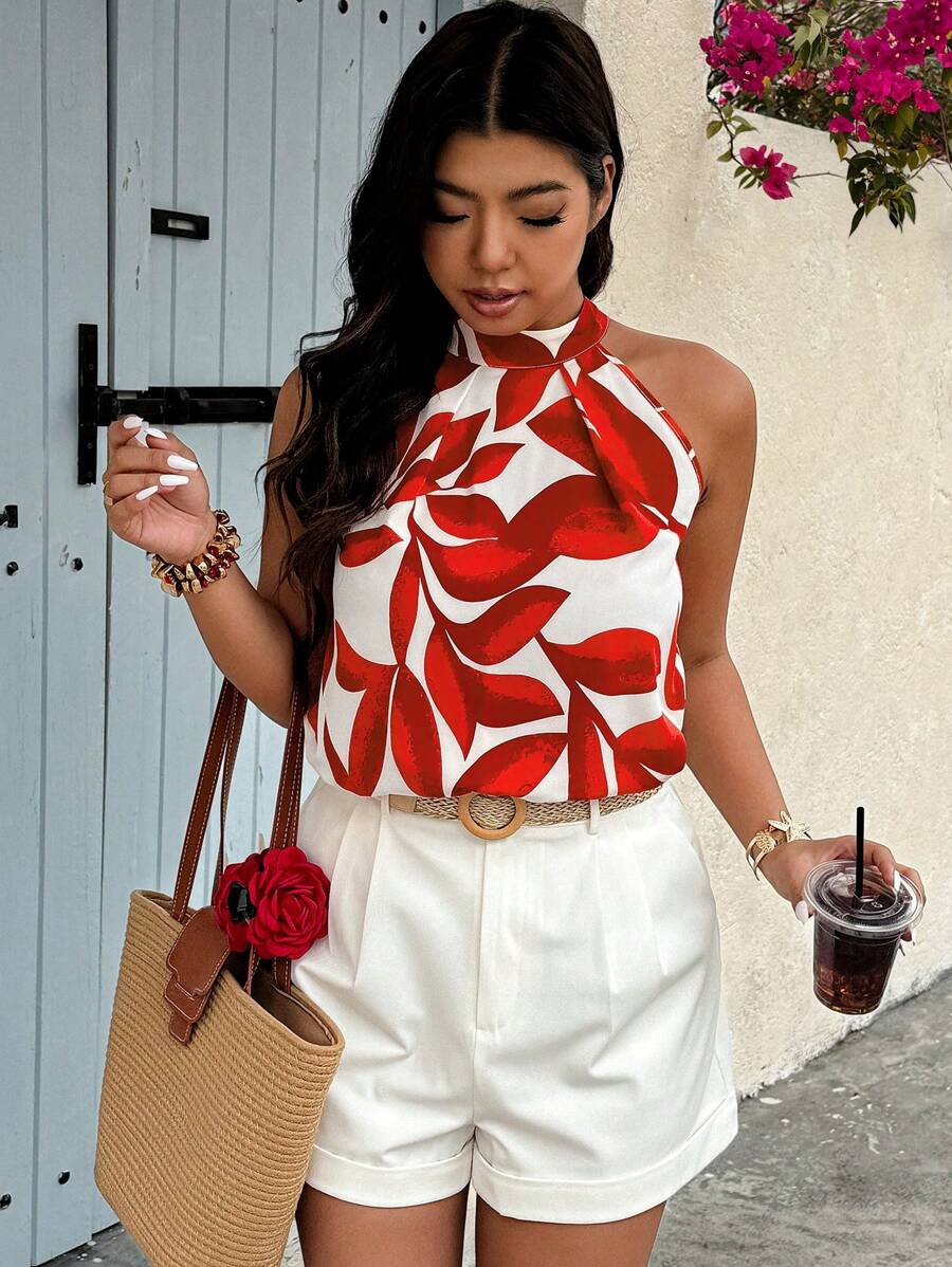 SHEIN Holidaya Plus Size Women Plant Print Casual Halter Neck Shirt For New Year Clothes for ...