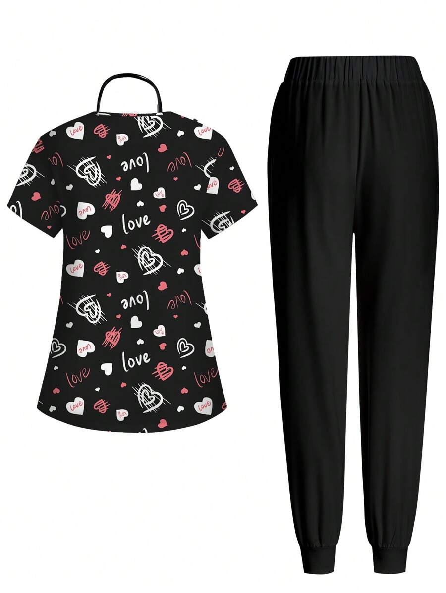 PopScrub Cartoon Heart Print Scrub Top And Pants Uniform Set | SHEIN USA