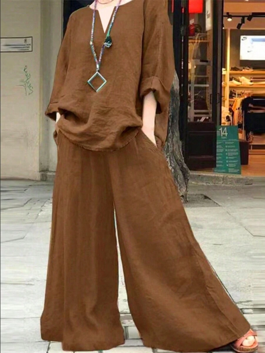 SHEIN LUNE 2 Pieces Set: V-Neck Loose Linen Wide Leg Pants For Women ...