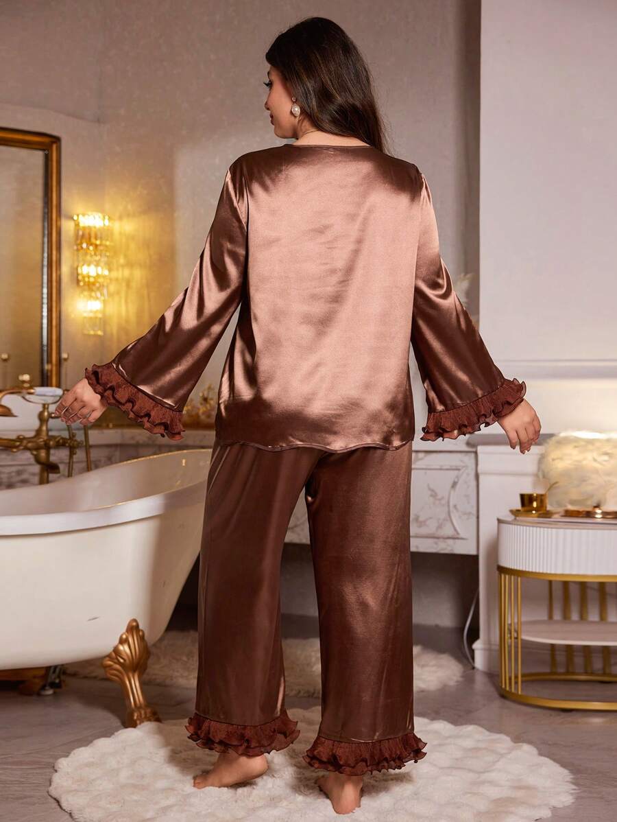 Shein LuxeNights Plus Size Satin Ruffled Collar Long Sleeve Pajama Set ...