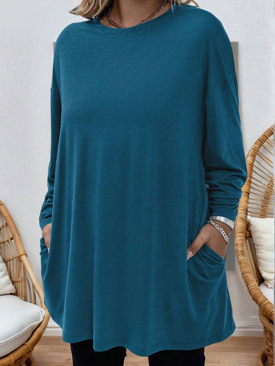 EMERY ROSE Plus Size Solid Color Crew Neck With Pocket Casual Long ...